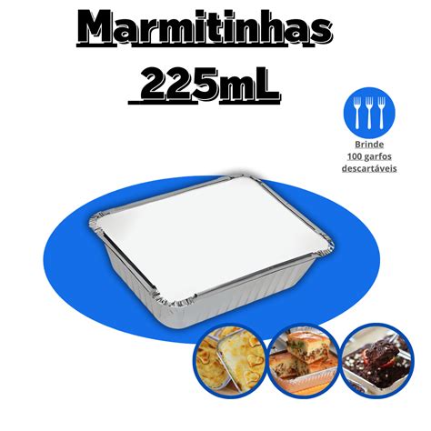 100 formas de alumínio 225ml tampa marmitinha térmica descartável