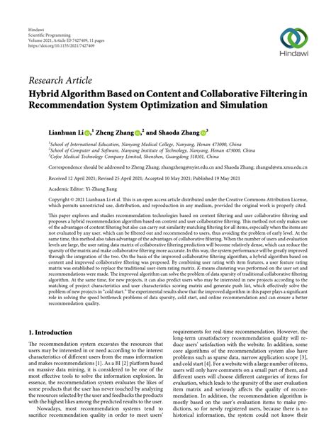 Pdf Hybrid Algorithm Based On Content And Collaborative Filtering In