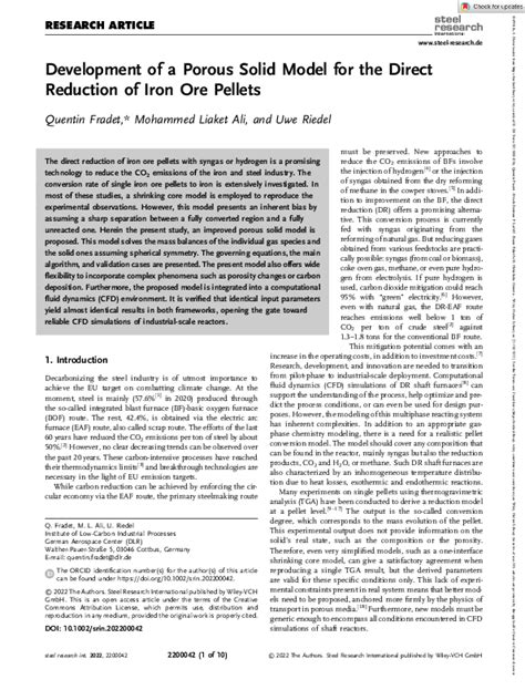 Pdf Development Of A Porous Solid Model For The Direct Reduction Of Iron Ore Pellets