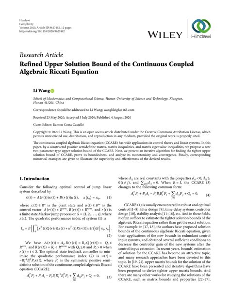 Pdf Refined Upper Solution Bound Of The Continuous Coupled Algebraic Riccati Equation