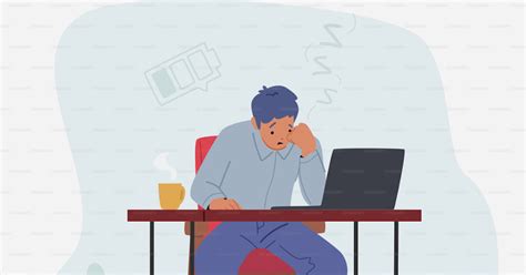 스트레스 사무실에서 피곤한 남자와 전문적인 소진 개념 스트레스를 받은 과중한 직원은 잠을 자고 싶어하고 혼란스러운 사업가는 직장에서 커피잔을 들고 노트북에 앉아 있다