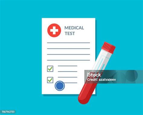 혈액 검사관 용기 및 의료 실험실 분석 양식 목록 결과 데이터 및 승인 된 체크 마크 벡터 그림 플랫 임상 시험 체크리스트 문서 의학 케어 서비스 개념 해결책에 대한 스톡