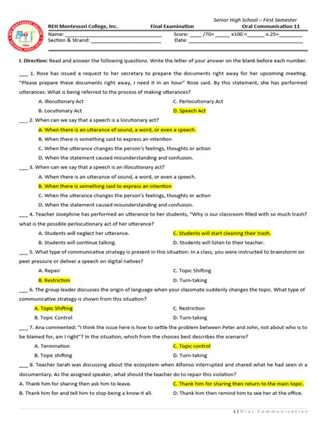 Q2 Exam In Oral Communication Pdf Human Communication Communication