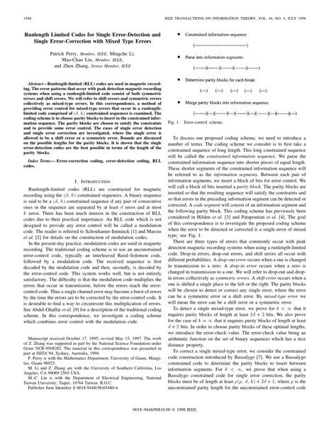 Pdf Runlength Limited Codes For Single Error Detection And Single Error Correction With Mixed