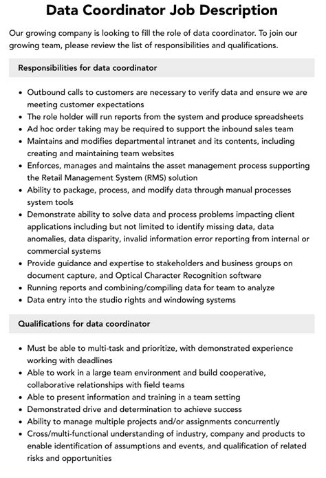 Data Coordinator Job Description Velvet Jobs