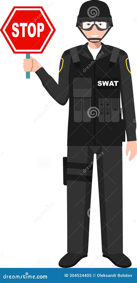 Standing Swat Policeman Officer With Warning Sign Stop In Traditional