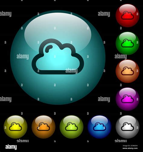 Single Cloud Icons In Color Illuminated Spherical Glass Buttons On Black Background Can Be Used