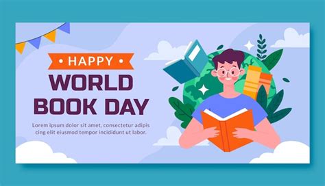 평평한 세계 책의 날 축하 수평 배너 템플릿 무료 벡터