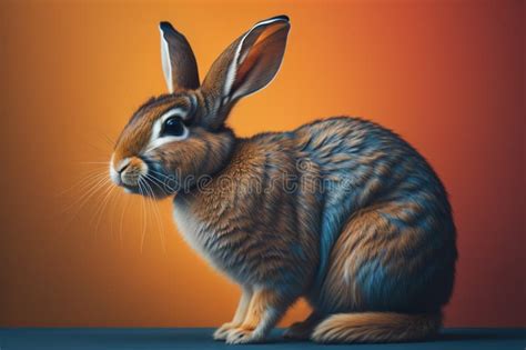 A Cute Brown Rabbit Sitting On Orange Background Generative Ai Stock