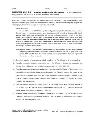 Fillable Online Name Section Date EXERCISE MLA 24 Avoiding Plagiarism