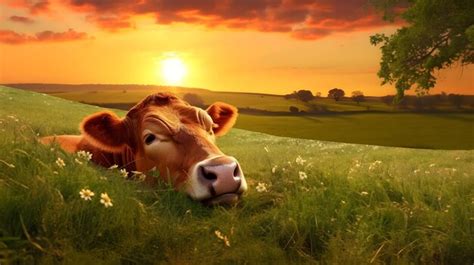 Premium Ai Image Young Calf Resting On Green Pasture Grass On Summer