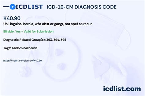 Icd 10 Cm Diagnosis Code K4090 Unilateral Inguinal Hernia Without