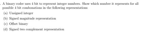 Solved A Binary Coder Uses Bit To Represent Integer Chegg
