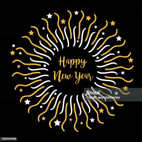 새해 복 많이 받으세요 불꽃 놀이 장식 스타 스파클 세트 라운드 프레임 크래커 라이트 황금 색입니다 축제 폭죽이 터졌습니다 플랫 디자인 골드와 화이트 검은 색 배경입니다 7