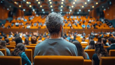 Man Sitting In Front Of Packed Auditorium Stock Image Image Of