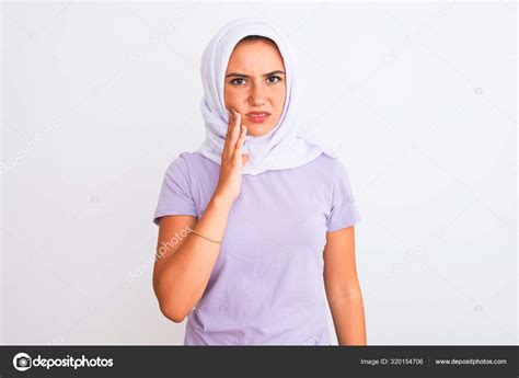 Young Beautiful Arabian Girl Wearing Hijab Standing Isolated White