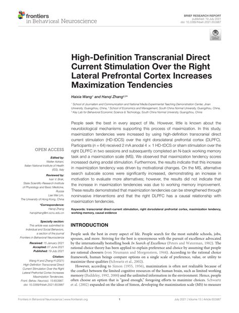 Pdf High Definition Transcranial Direct Current Stimulation Over The Right Lateral Prefrontal