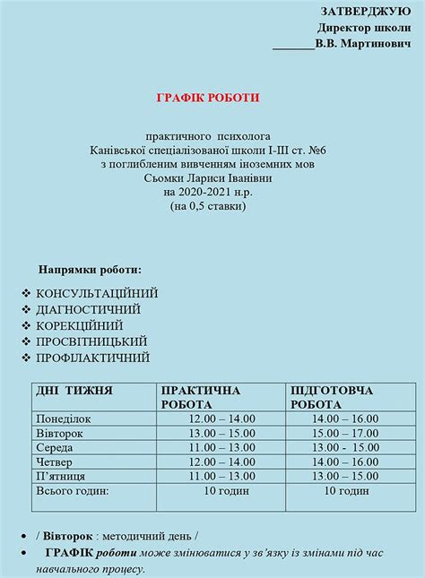 ГРАФІК РОБОТИ ПРАКТИЧНОГО ПСИХОЛОГА Канівська школа №6