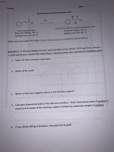 Solved Date Name Bromination Of Trans Cinnamic Acid Brz Chegg