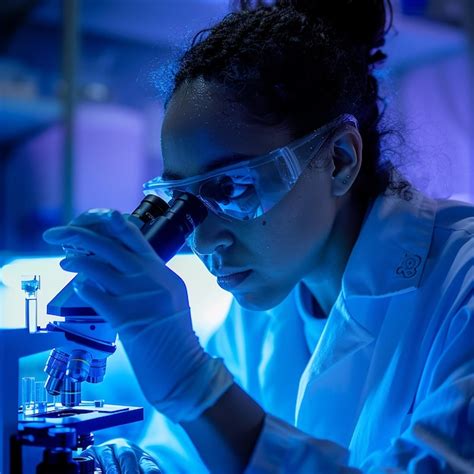 Female Scientist In Lab Coat Adjusting Microscope With Gloved Hands In