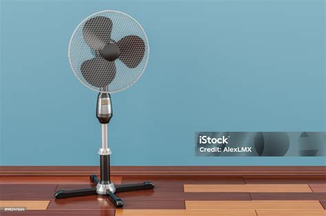 나무 바닥 3d에 방에 서 받침대 선풍기 렌더링 선풍기 전기 설비에 대한 스톡 사진 및 기타 이미지 선풍기 전기 설비 받침대 타워 Istock