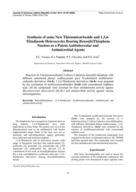 Pdf Synthesis Of Some New Thiosemicarbazide And 1 3 4 Thiadiazole Heterocycles Bearing Benzo