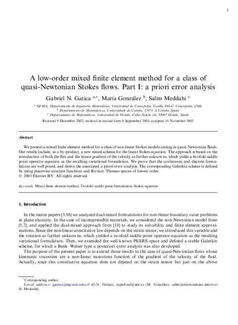 Pdf A Low Order Mixed Finite Element Method For A Class Of Quasi Newtonian Stokes Flows Part