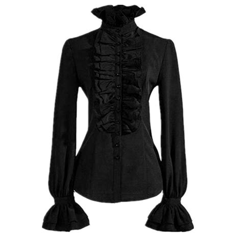 Womens Vintage Victorian Shirt High Neck Ruffles B Grandado