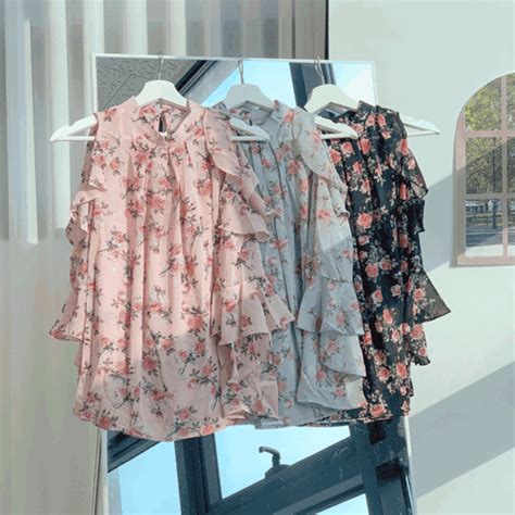미니장미2 꽃무늬 어깨트임 플라워 프릴 쉬폰 시스루 블라우스3color 에이블리