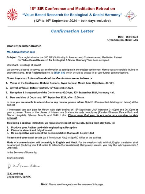 Sir24 033 Mr Aditya Kumar Jain Confirmation Letter 18th Sir Conference