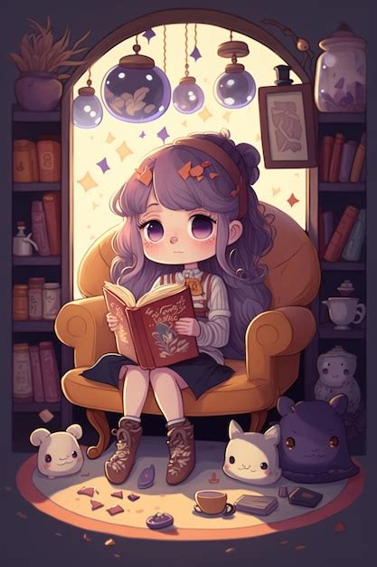 Premium Photo Anime Girl Sitting In A Chair Reading A Book With Cats