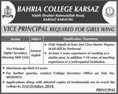 Bahria College Karsaz Vice Principal Jobs 2018 2023 Job Advertisement