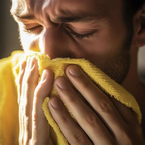 Premium Photo A Man Sneezing Or Is Blowing His Nose With A Yellow