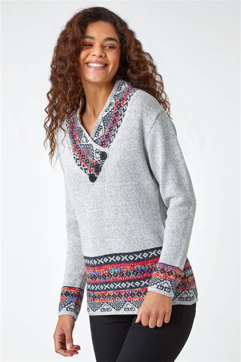Grey Nordic Print Button Detail Jumper Roman Uk
