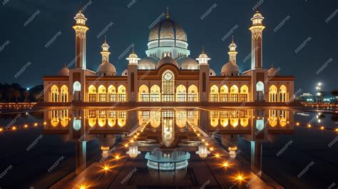 샤르자 그랜드 모스크 야경 두바이 최고의 방문 장소 놀라운 건축물 디자인 샤르자 여행 및 관광 이미지 놀라운 모스크 이미지 밤하늘 프리미엄 사진