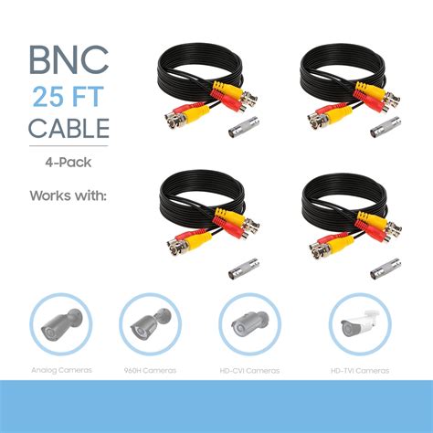 KONKIN BOO BNC Cable 25ft 4Pack Compatible For HD Security Camera Cables Heavy Duty BNC Video