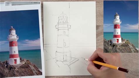 Уроки рисования акварельными красками Как нарисовать красивый маяк на фоне моря Youtube