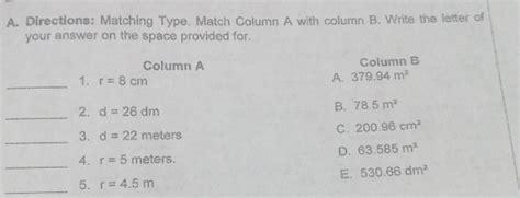 Solved A Directions Matching Type Match Column A With Column B