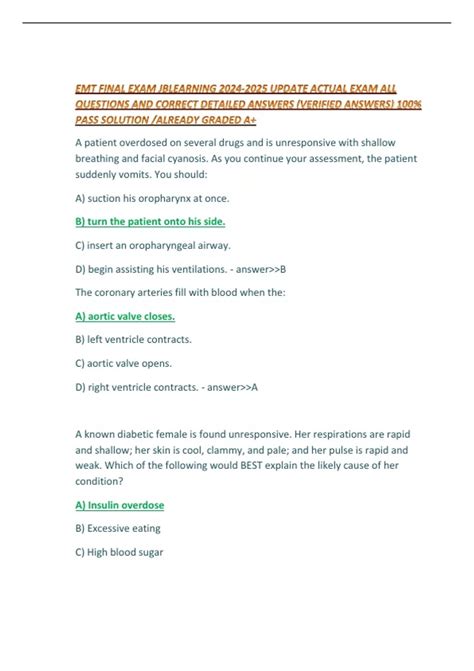 EMT FINAL EXAM JBLEARNING UPDATE ACTUAL EXAM ALL QUESTIONS AND CORRECT DETAILED ANSWERS