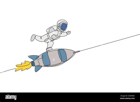 One Single Line Drawing Of Astronaut In Spacesuit Floating And Discovering Deep Space While