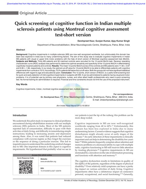 Pdf Quick Screening Of Cognitive Function In Indian Multiple Sclerosis Patients Using Montreal
