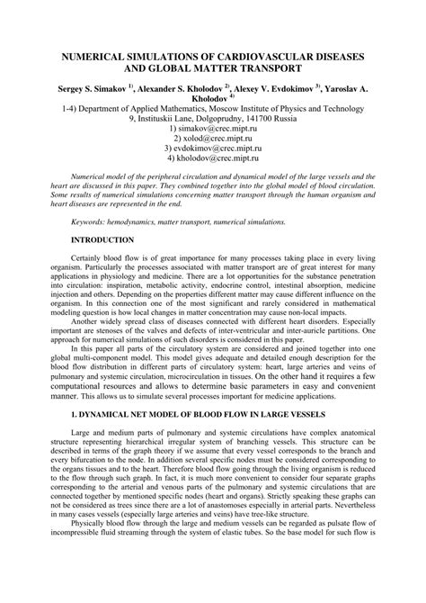 Pdf Numerical Simulations Of Cardiovascular Diseases And Global Matter Transport