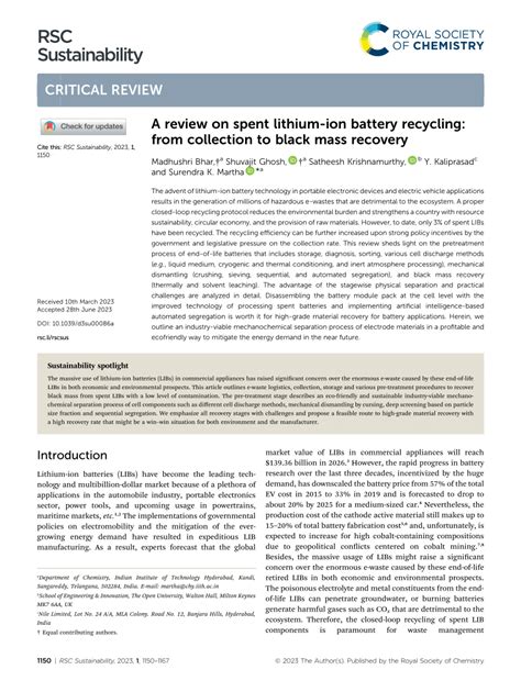 Pdf A Review On Spent Lithium Ion Battery Recycling From Collection To Black Mass Recovery