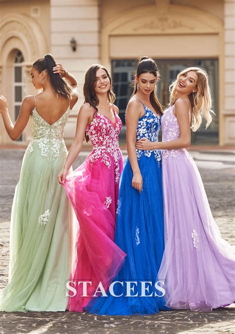 A Line V Neck Sleeveless Floor Length Tulle Prom Dress With Appliqued