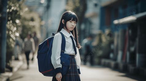 파란색 배낭을 든 고등학교 아시아 소녀 학교 가방을 들고 소녀 가장 포즈 초등학생 소녀 배경 일러스트 및 사진 무료