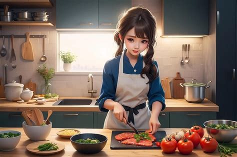 Premium Photo A Girl Cooking Dinner On The Kitchen