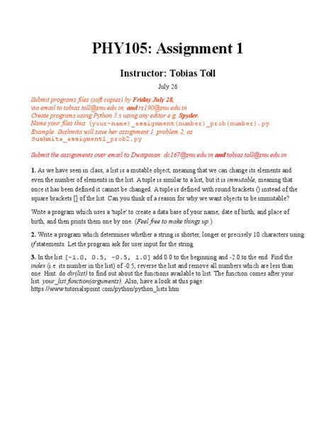 Phy105 Assignment 1 Instructor Tobias Toll Pdf