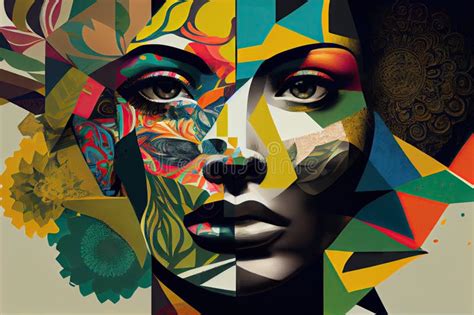 Abstract Face Collage With Bold Colors And Unique Patterns Stock