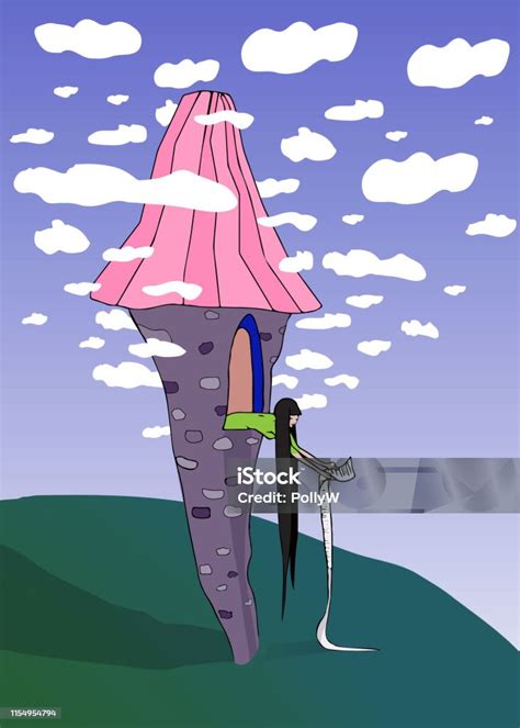 매직 타워에 긴 머리 공주는 매우 긴 위시 리스트를 들고 귀 엽 고 재미 있는 캐리 커 처 판타지 스타일의 만화 캐릭터 0명에 대한 스톡 벡터 아트 및 기타 이미지 Istock