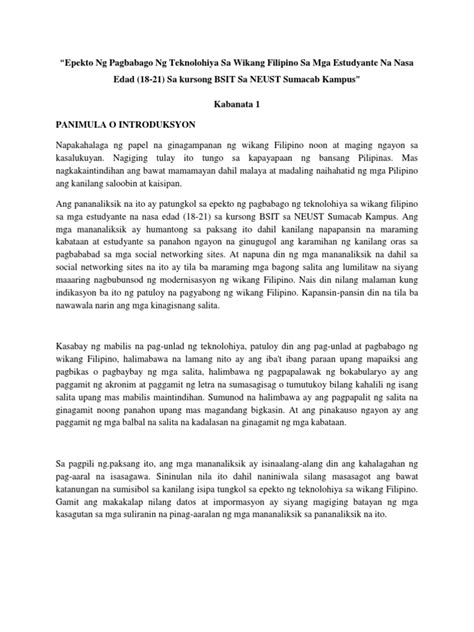 Epekto Ng Modernisasyon Ng Wikang Filipino Sa Pagsula